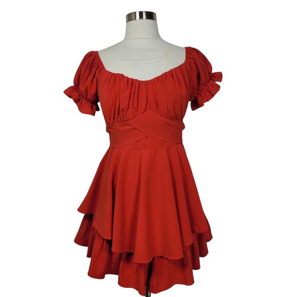 SHEIN | Pants & Jumpsuits | Shein Red Short Off The Shoulder Puff ...